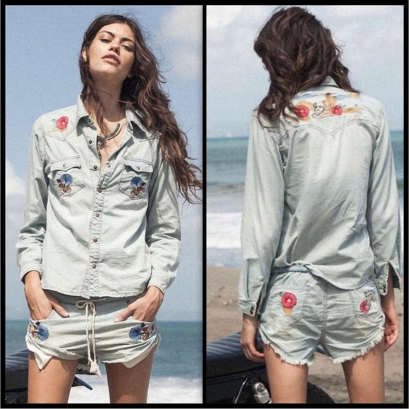 Spell | Tops | Vintage Spell Route 66 Embroidered Denim Shirt S | Poshmark